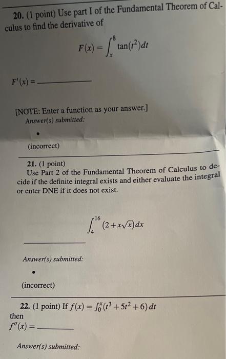 Solved 20. (1 point) Use part I of the Fundamental Theorem | Chegg.com