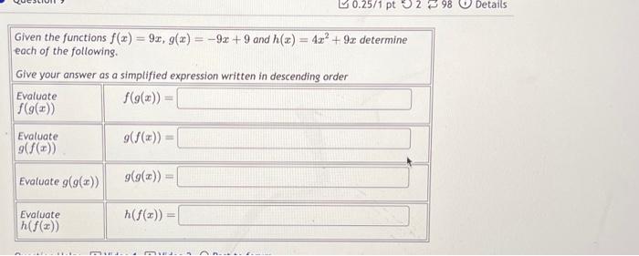 Solved Given the functions f(x)=9x,g(x)=−9x+9 and | Chegg.com