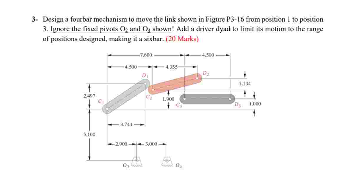 Solved 3- ﻿Design a fourbar mechanism to move the link shown | Chegg.com