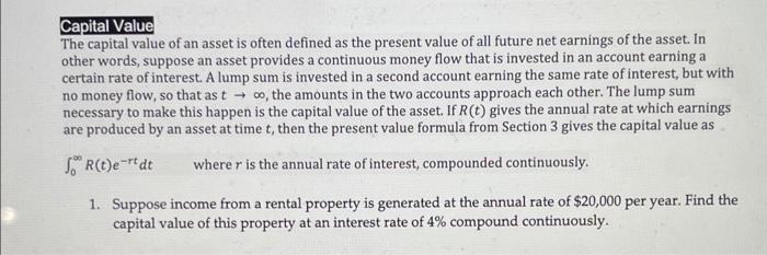 Solved Capital Value The capital value of an asset is often | Chegg.com