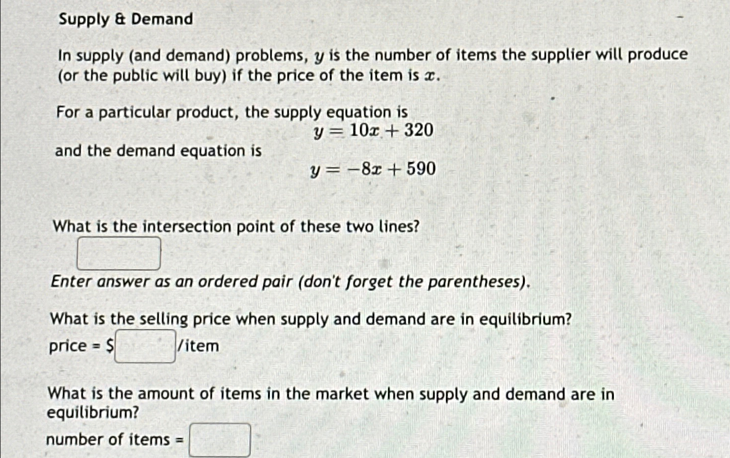 Solved Supply & DemandIn supply (and demand) ﻿problems, y | Chegg.com