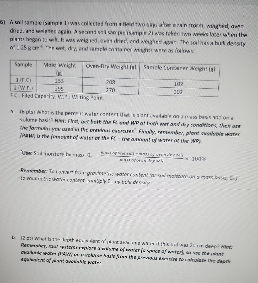 Solved A soil sample (sample 1) was collected from a field | Chegg.com
