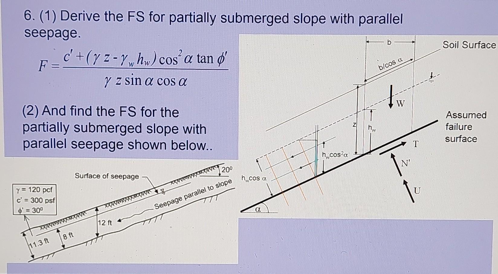 Solved 6. (1) Derive the FS for partially submerged slope | Chegg.com
