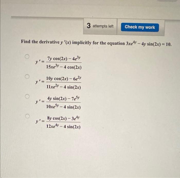Solved y' = Find the derivative y '(x) implicitly for the | Chegg.com