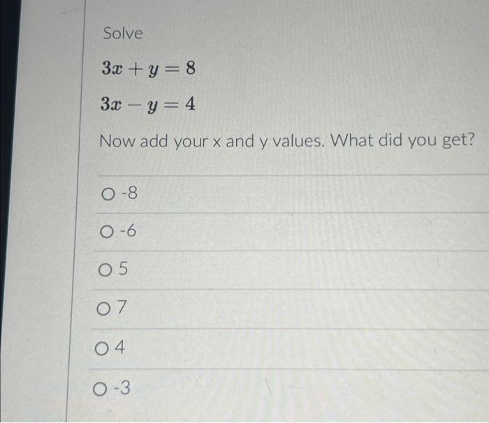 Solved Solve 3x+y=83x−y=4 Now add your x and y values. What | Chegg.com