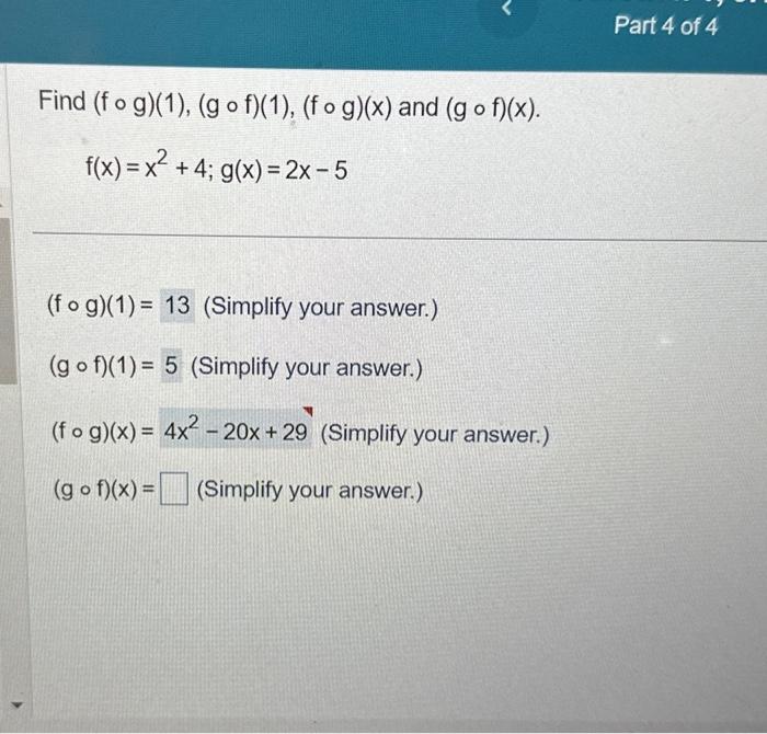 Solved Find (f∘g)(1),(g∘f)(1),(f∘g)(x) and (g∘f)(x). | Chegg.com