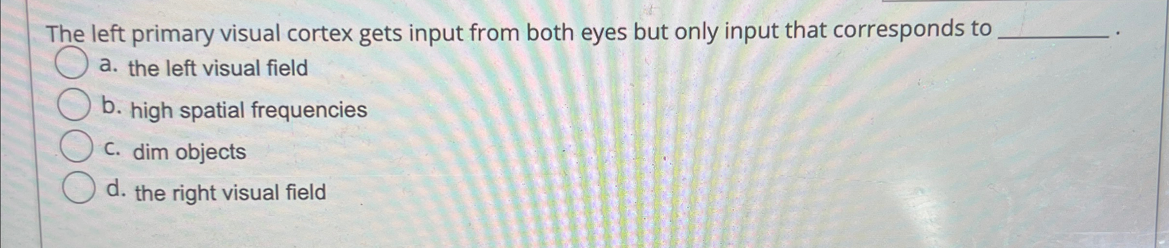 Solved The left primary visual cortex gets input from both | Chegg.com