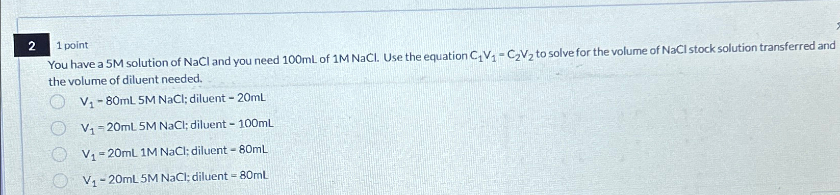 Solved You have a 5M ﻿solution of NaCl and you need 100mL | Chegg.com