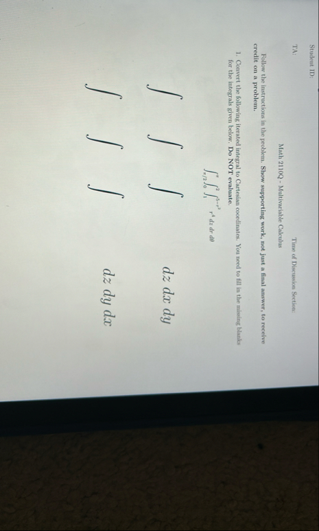 Solved Student ID:TA:Time of Discussion Section:Math 2110Q - | Chegg.com