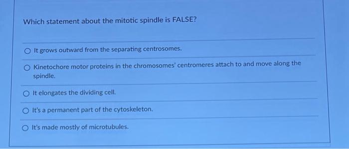 Solved Which statement about the mitotic spindle is FALSE? | Chegg.com
