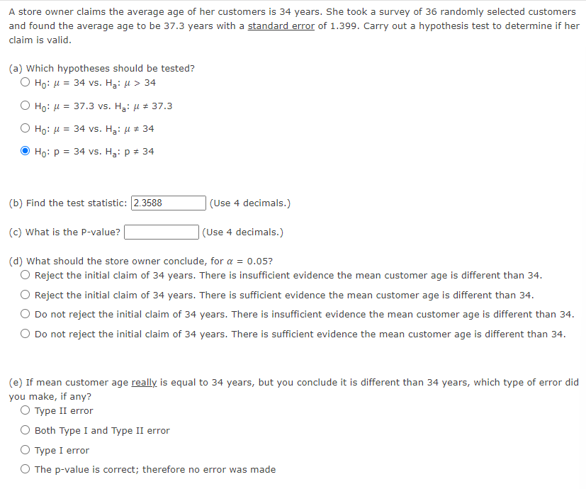 Solved A store owner claims the average age of her customers | Chegg.com
