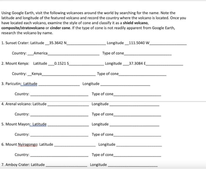 Solved Using Google Earth, visit the following volcanoes | Chegg.com