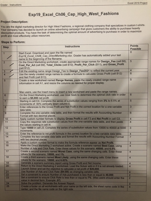 Solved Excel 2019 Project Grader - Instructions | Chegg.com