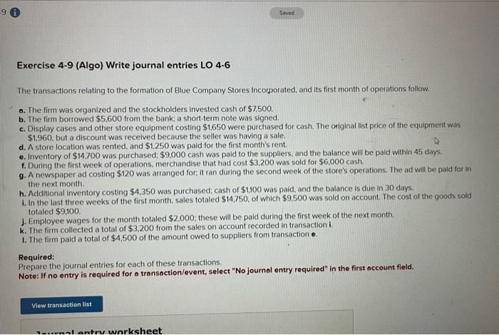 Solved Exercise 4-9 (Algo) Write journal entries LO 4-6 The | Chegg.com