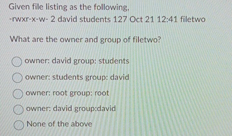 Solved Given file listing as the following,-rwxr-x-w- 2 | Chegg.com