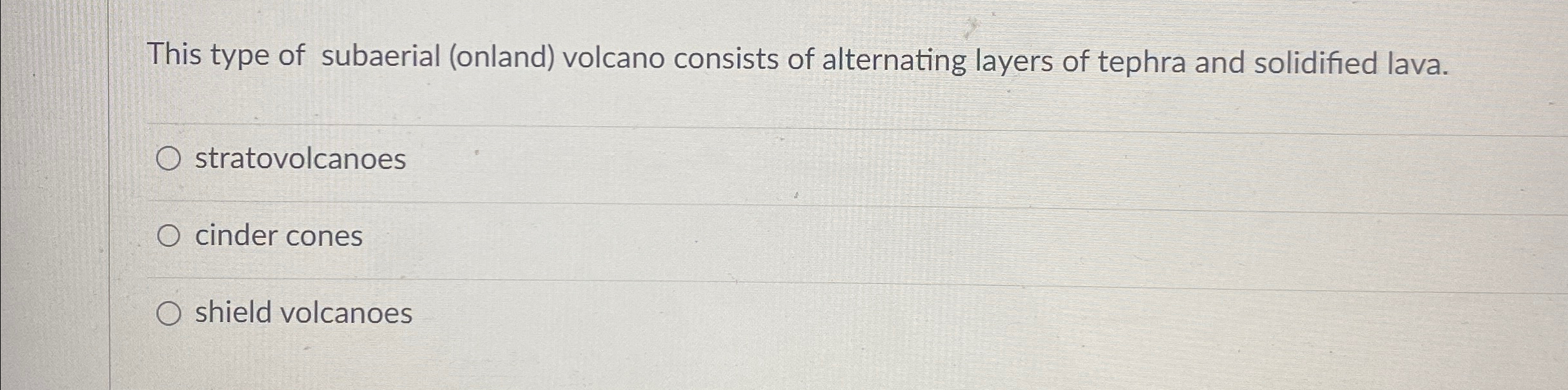 Solved This type of subaerial (onland) ﻿volcano consists of | Chegg.com