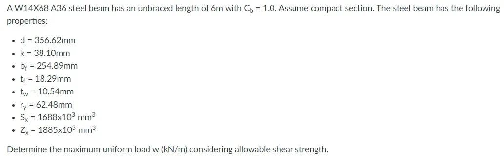 Solved A W14X68 A36 steel beam has an unbraced length of 6m | Chegg.com