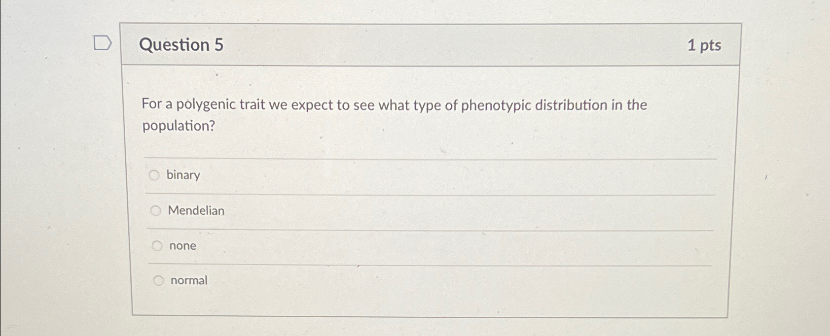 Solved Question 51ptsFor a polygenic trait we expect to see | Chegg.com