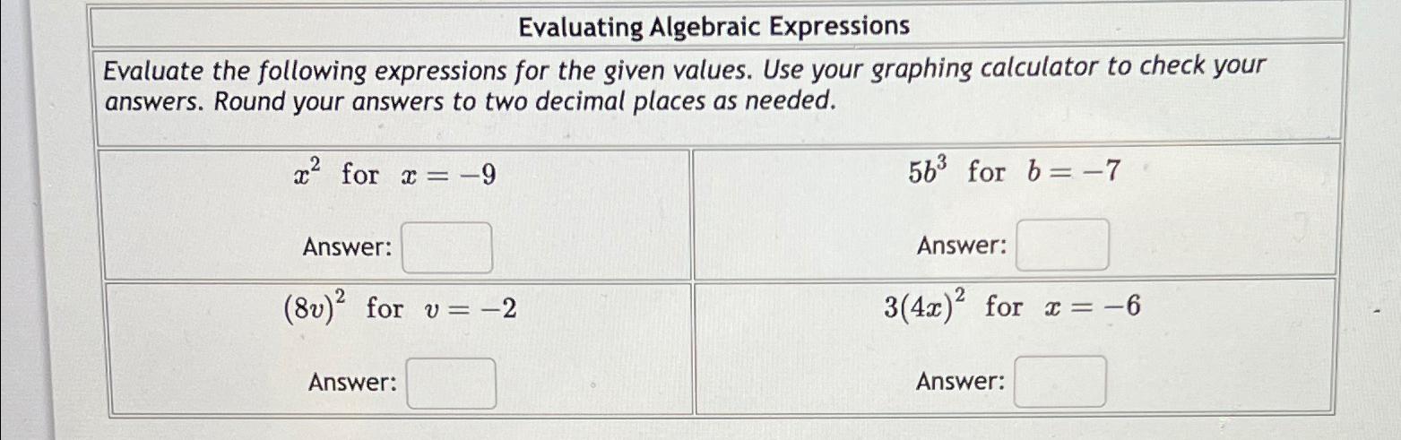Solved Evaluating Algebraic ExpressionsEvaluate the | Chegg.com