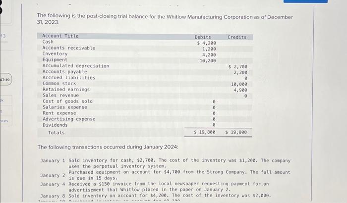 Solved enter the beginning balances as of January 1, 2024, | Chegg.com