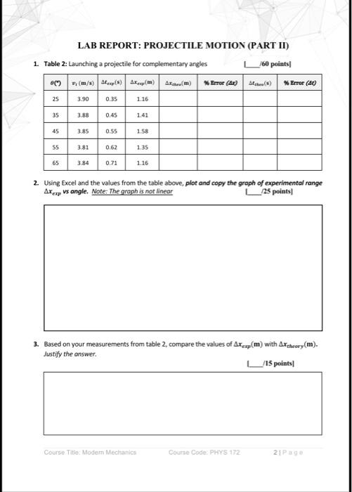 Solved LAB REPORT: PROJECTILE MOTION (PART II) 1. Table 2: | Chegg.com