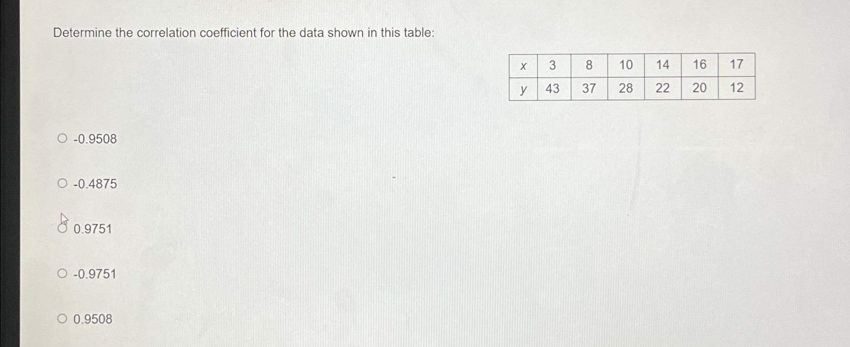 Solved Determine the correlation coefficient for the data | Chegg.com