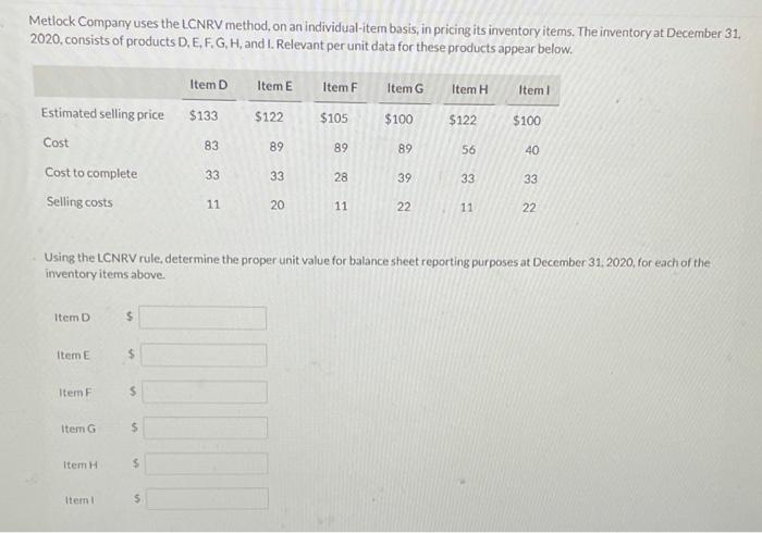 Solved Metlock Company uses the LCNRV method, on an | Chegg.com