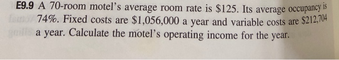 Solved E9.9 A 70-room motel's average room rate is $125. Its | Chegg.com