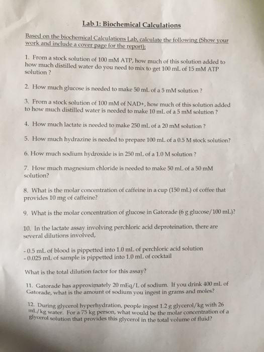 Solved Lab 1: Biochemical Calculations Based on the | Chegg.com