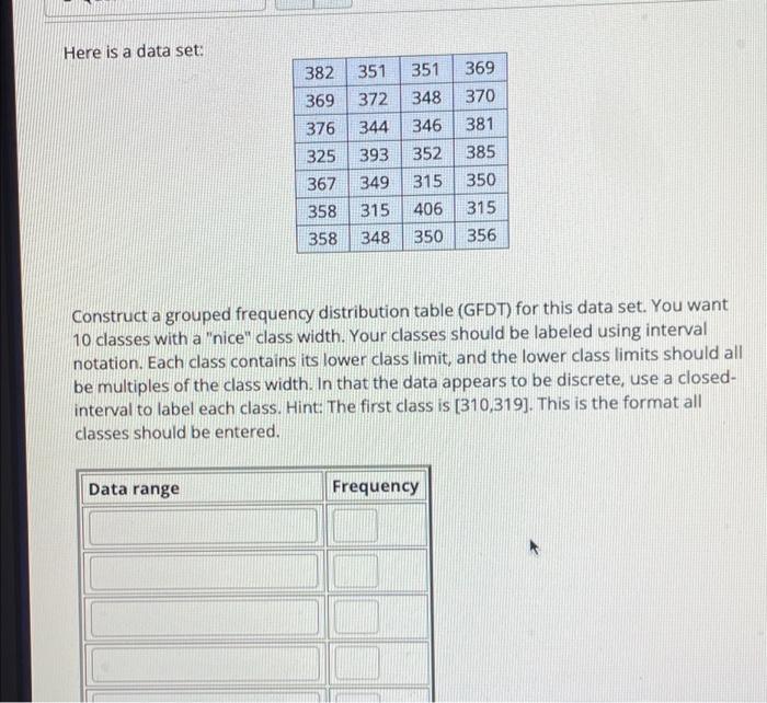 Solved Here is a data set: Construct a grouped frequency | Chegg.com