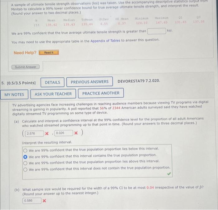 Solved A sample of ultimate tensile strength observations | Chegg.com
