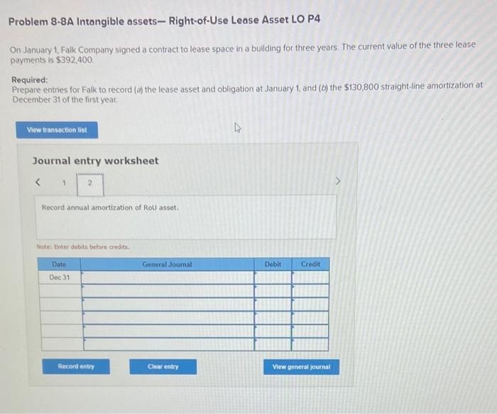 Solved Problem 8-8A Intangible assets- Right-of-Use Lease | Chegg.com