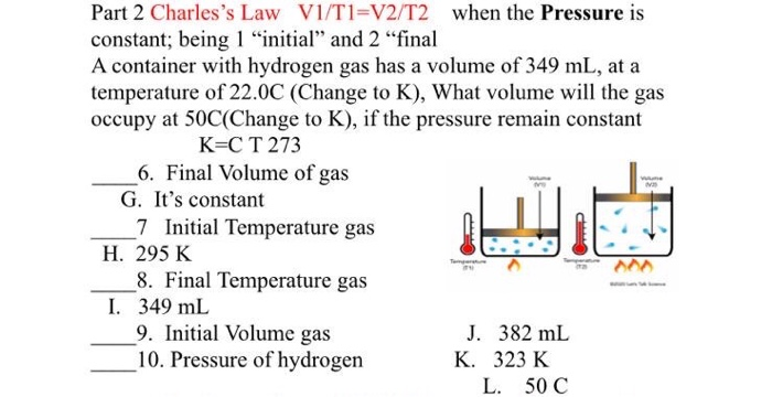 Solved w Part 2 Charles's Law V1/T1=V2/T2 when the Pressure | Chegg.com