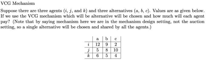 Solved VCG Mechanism Suppose there are three agents (i, j, | Chegg.com