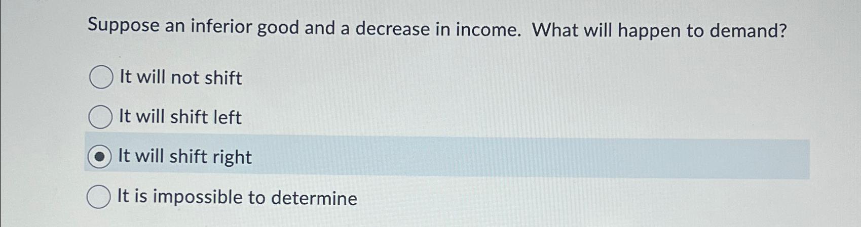 Solved Suppose an inferior good and a decrease in income. | Chegg.com