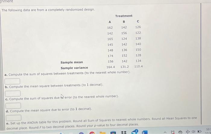 Solved The following data are from a completely randomized | Chegg.com