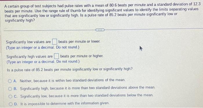 Solved beats per minute. Use the range rule of thumb for | Chegg.com