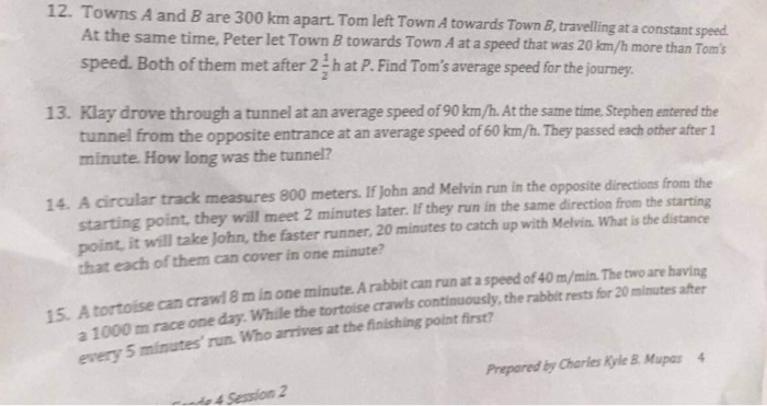 Solved 12. Towns A and B are 300 km apart. Tom left Town A | Chegg.com