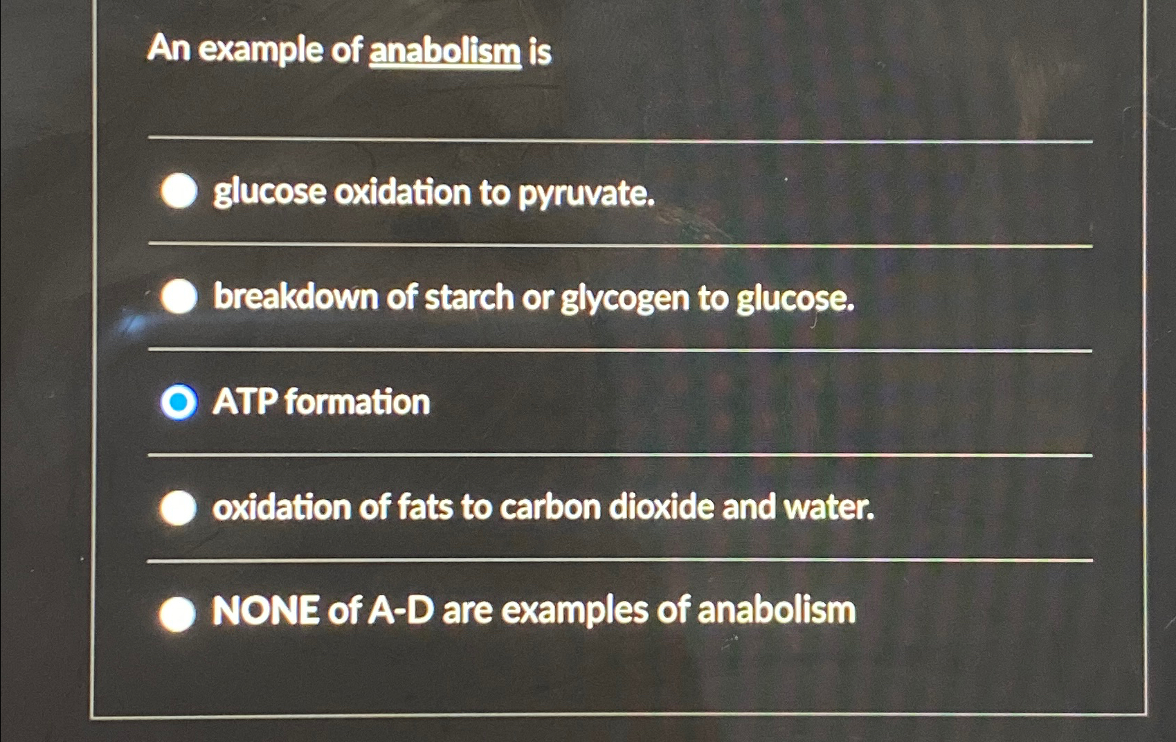 Solved An example of anabolism isglucose oxidation to | Chegg.com