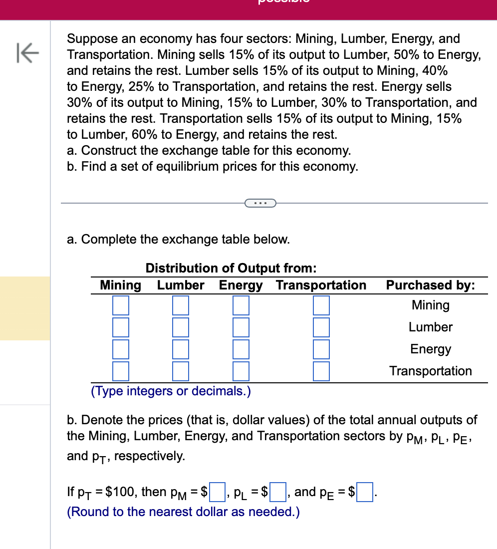 Solved Suppose an economy has four sectors: Mining, Lumber, | Chegg.com