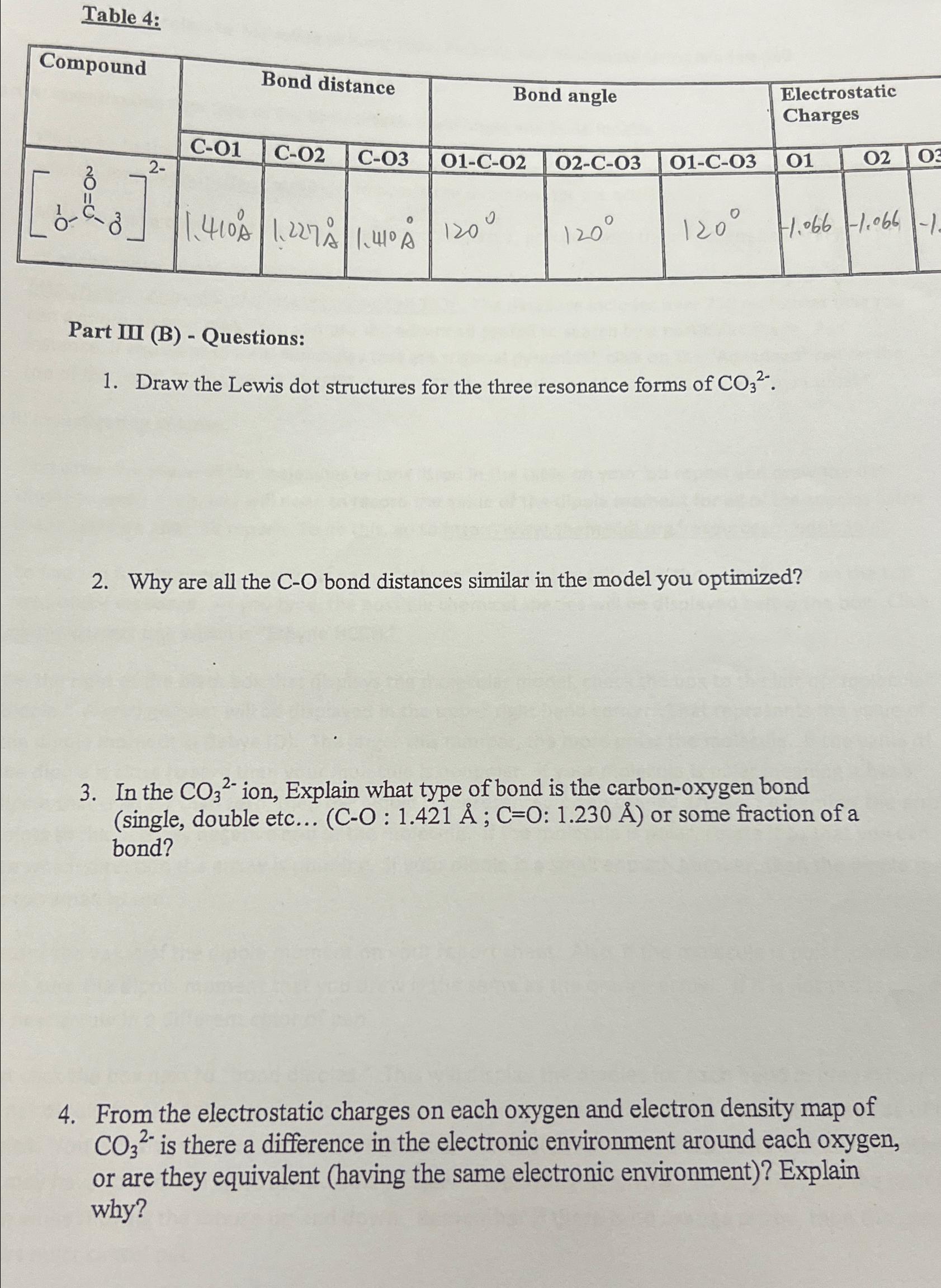 Solved Table 4:\table[[Compound,Bond distance,Bond | Chegg.com