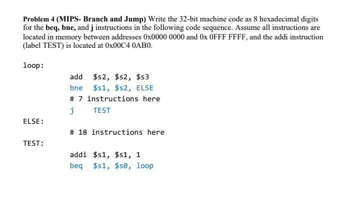 Solved Problem 4 (MIPS- ﻿Branch and Jump) ﻿Write the 32-bit | Chegg.com