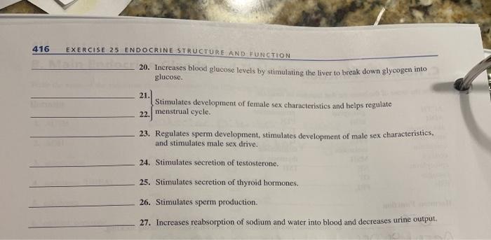 Solved 416 EXERCISE 25 ENDOCRINE STRUCTURE AND FUNCTION 20. | Chegg.com