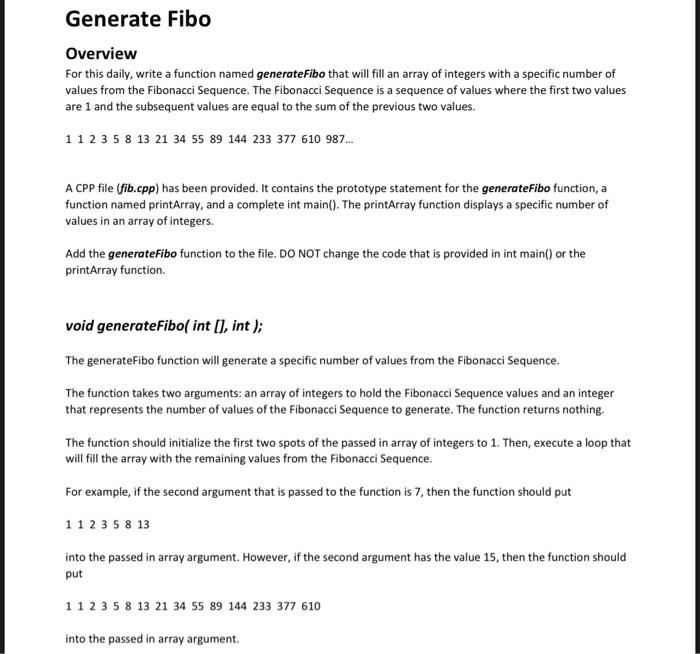Solved Generate Fibo Overview For this daily, write a | Chegg.com
