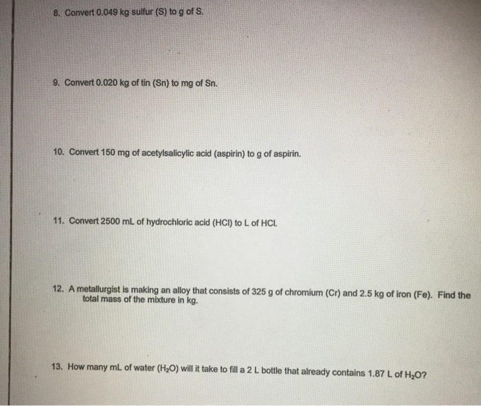 Solved Chemistry: Conversion Factors Below are some | Chegg.com
