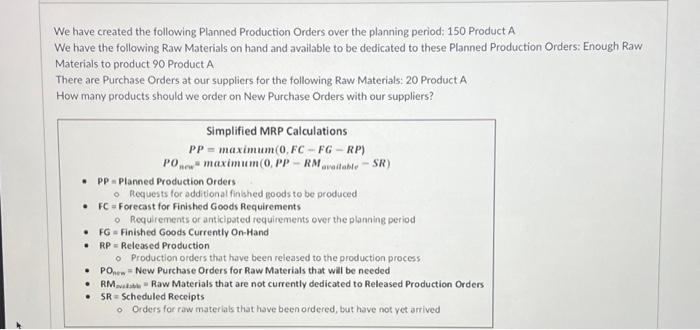 Solved We have created the following Planned Production | Chegg.com