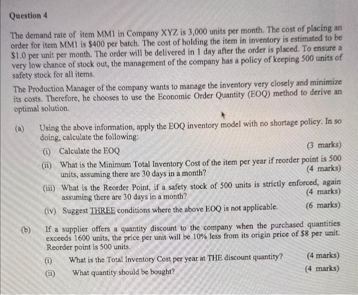Solved The demand rate of item MM1 in Company XYZ is 3,000 | Chegg.com