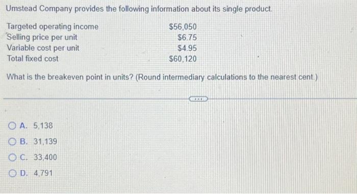 Solved Umstead Company provides the following information | Chegg.com