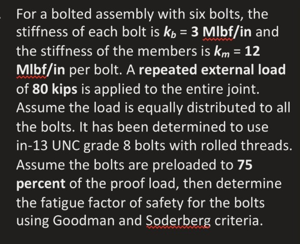 Solved For a bolted assembly with six bolts, the stiffness | Chegg.com