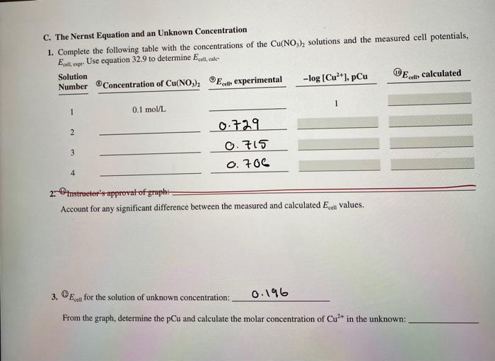Solved C. The Nernst Equation and an Unknown Concentration | Chegg.com